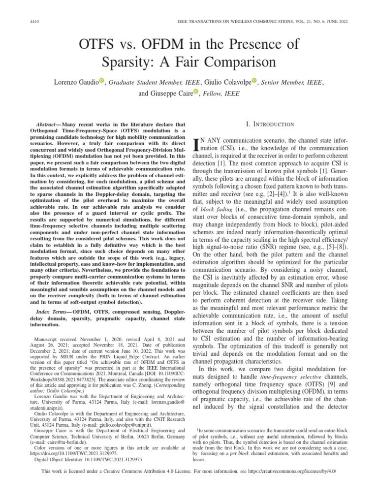 Otfs Vs Ofdm In The Presence Of Sparsity A Fair Comparison Pdf Orthogonal Frequency