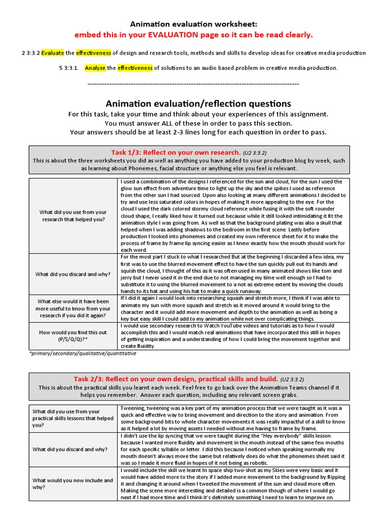 Animation Evaluation Worksheet 2223 | PDF