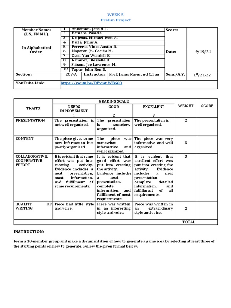 CSEG1 Week 5 Prelim Project 1 | PDF