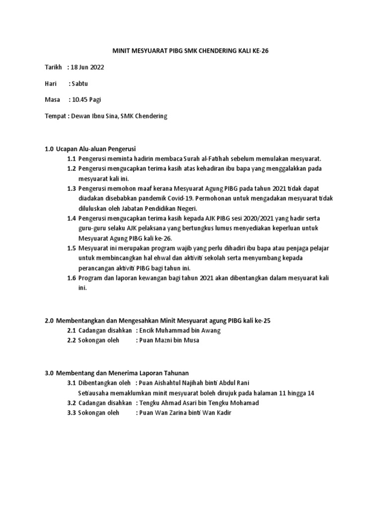 Minit Mesyuarat Pibg SMK Chendering Kali Ke 26 | PDF