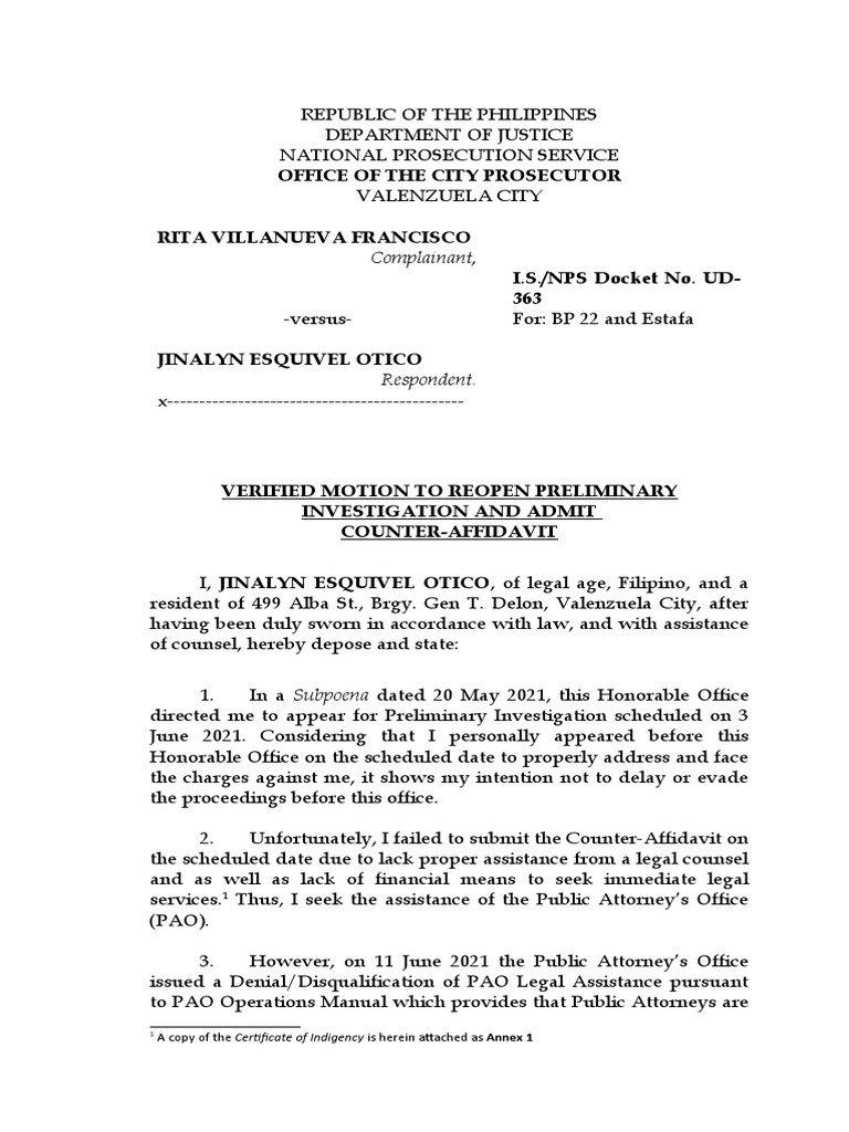 Verified Motion To Reopen Preliminary Investigation and Admit | PDF ...