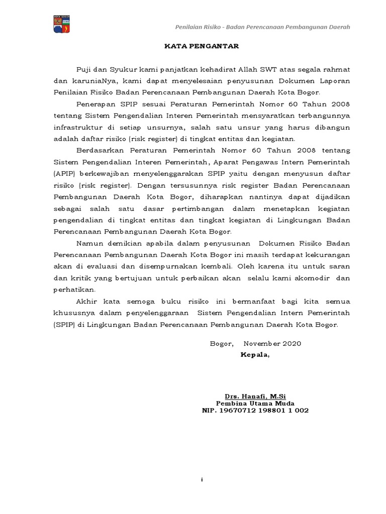 Dokumen Rancangan Risk Register Bappeda Tahun 2021 | PDF