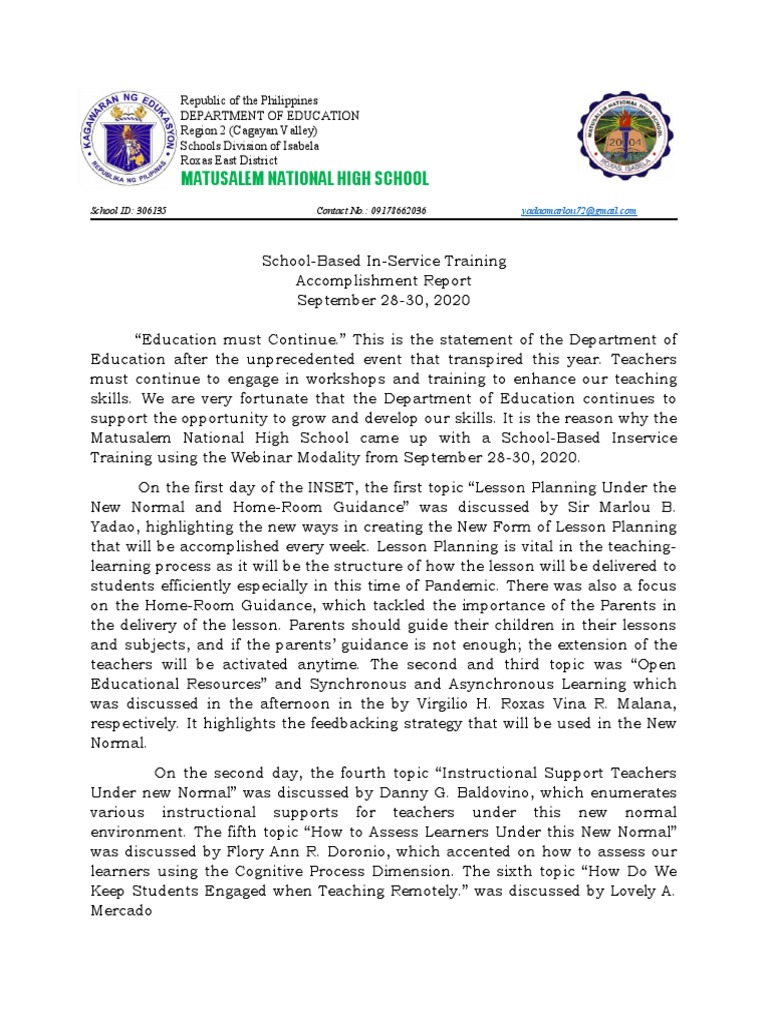 Inset Accomplishment Report | PDF | Teachers | Psychological Concepts