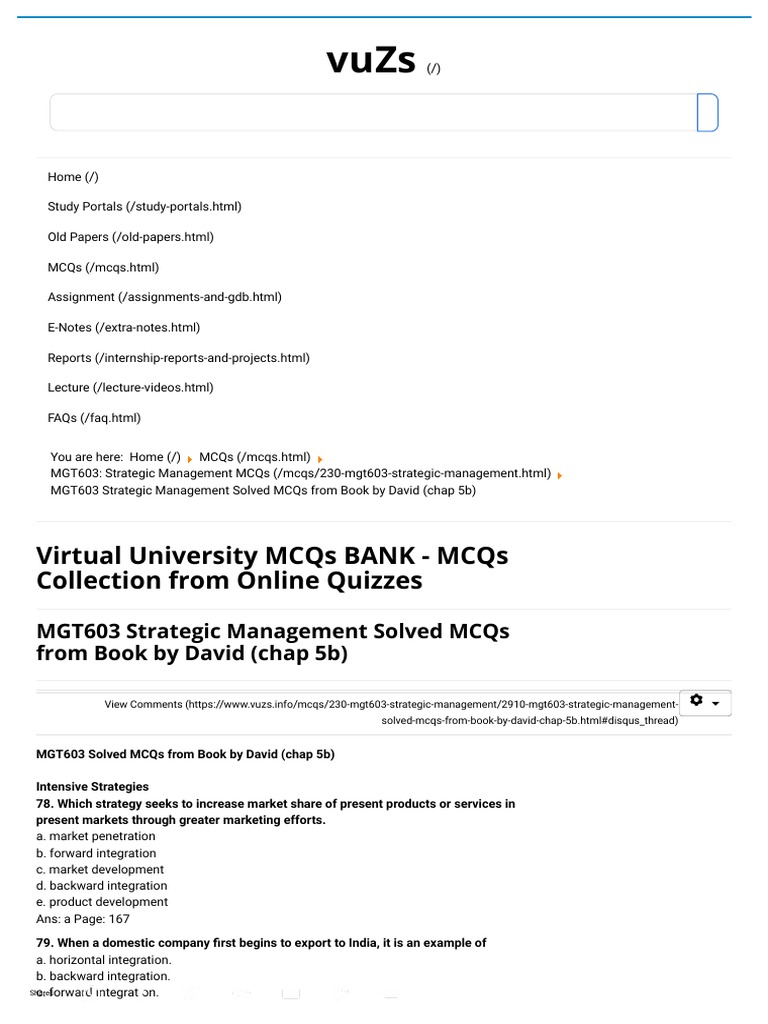 MGT603 Strategic Management Solved MCQs From Book by David (Chap 5b) | PDF | Chapter 11 ...