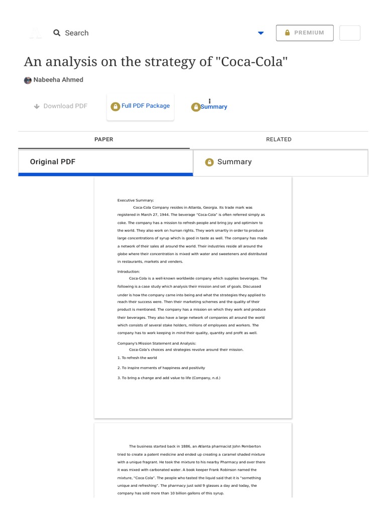 (DOC) An Analysis On The Strategy of - Coca-Cola - Nabeeha Ahmed ...