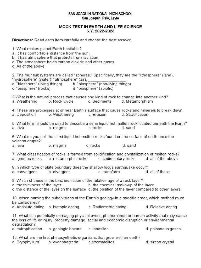Earth and Life Science Mock Test | Download Free PDF | Chemical ...