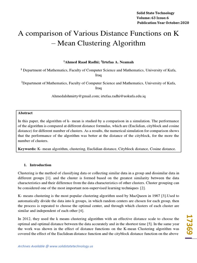 18 A Comparison Of Various Distance Functions On K Mean Clustering Algorithm Pdf Cluster