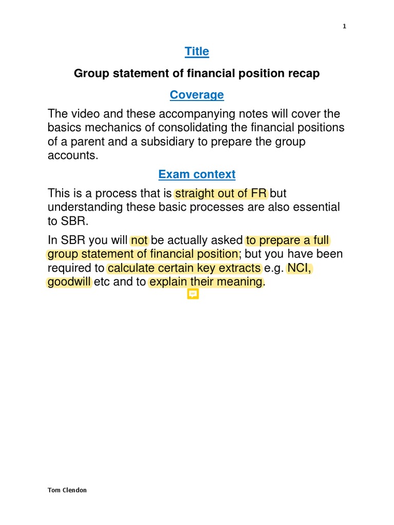 Group Statement of Financial Position Recap | PDF | Goodwill ...