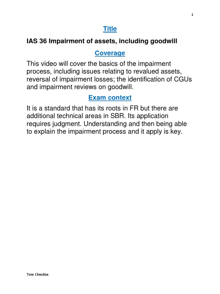 IAS 36 Impairment of Assets Including Goodwill | PDF | Goodwill ...