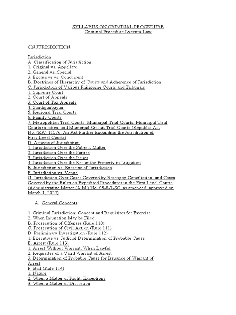 Criminal Procedure Syllabus 2023 | PDF | Jurisdiction | Bail