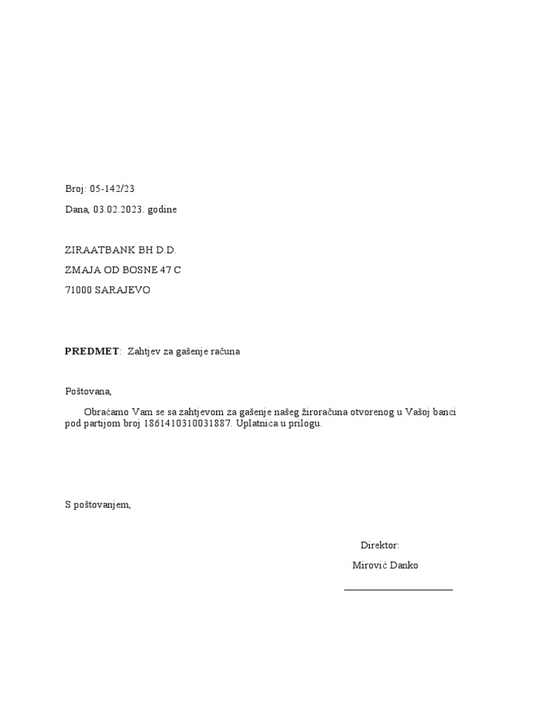 DOPIS - Zahtjev Za Gašenje Računa - Ziraat Banka | PDF
