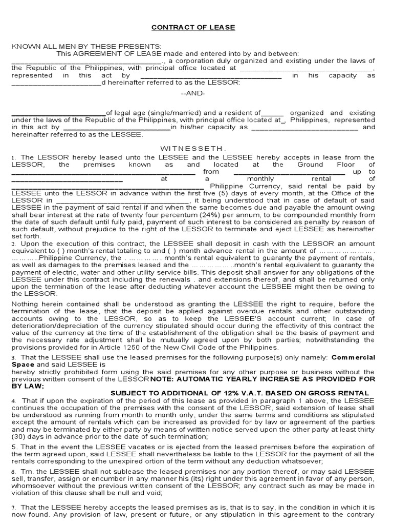 Contract of Lease Sample | Download Free PDF | Lease | Law And Economics