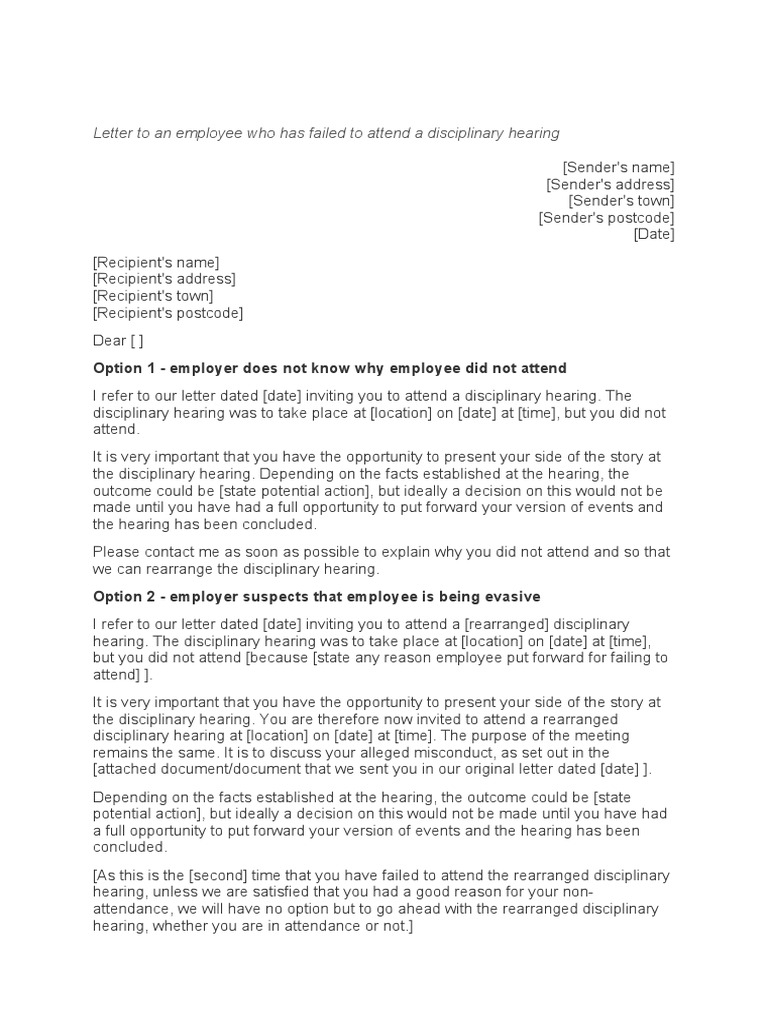 Letter To An Employee Who Has Failed To Attend A Disciplinary Hearing ...