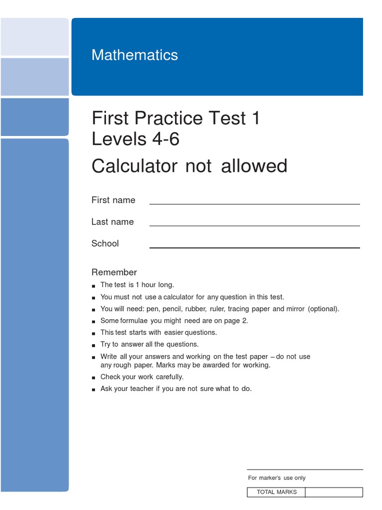 1st Practice Test 1 Levels 4-6 - No Calculator (300kB) | PDF | Area ...