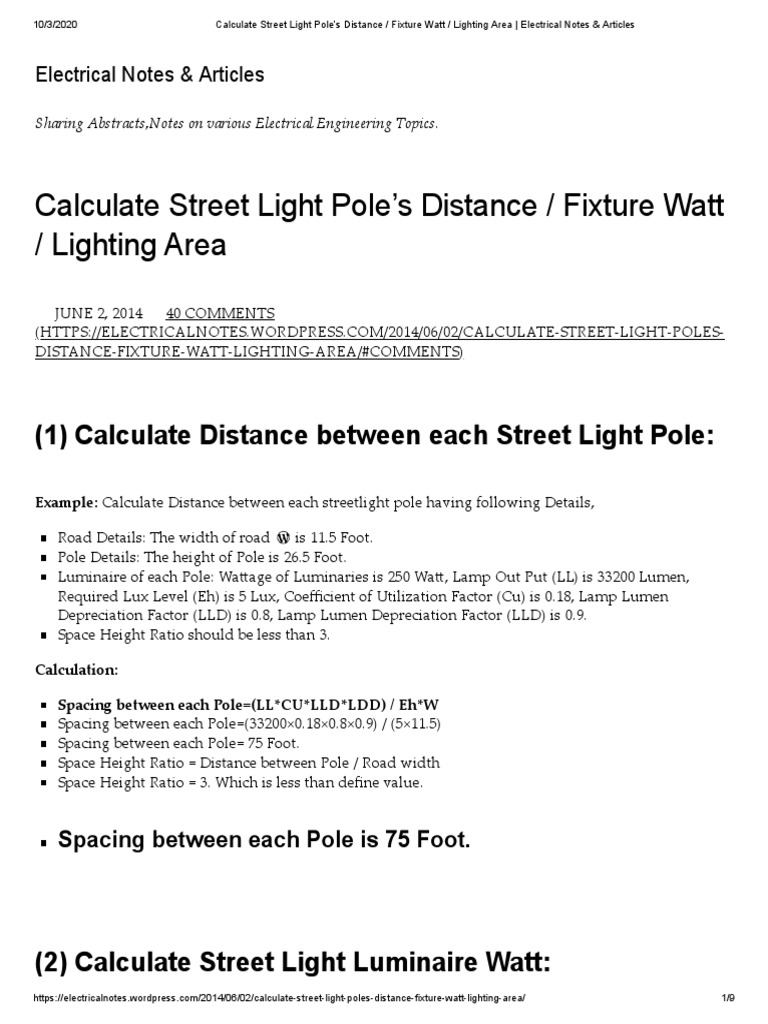 Calculate Street Light Pole's Distance - Fixture Watt - Lighting Area ...
