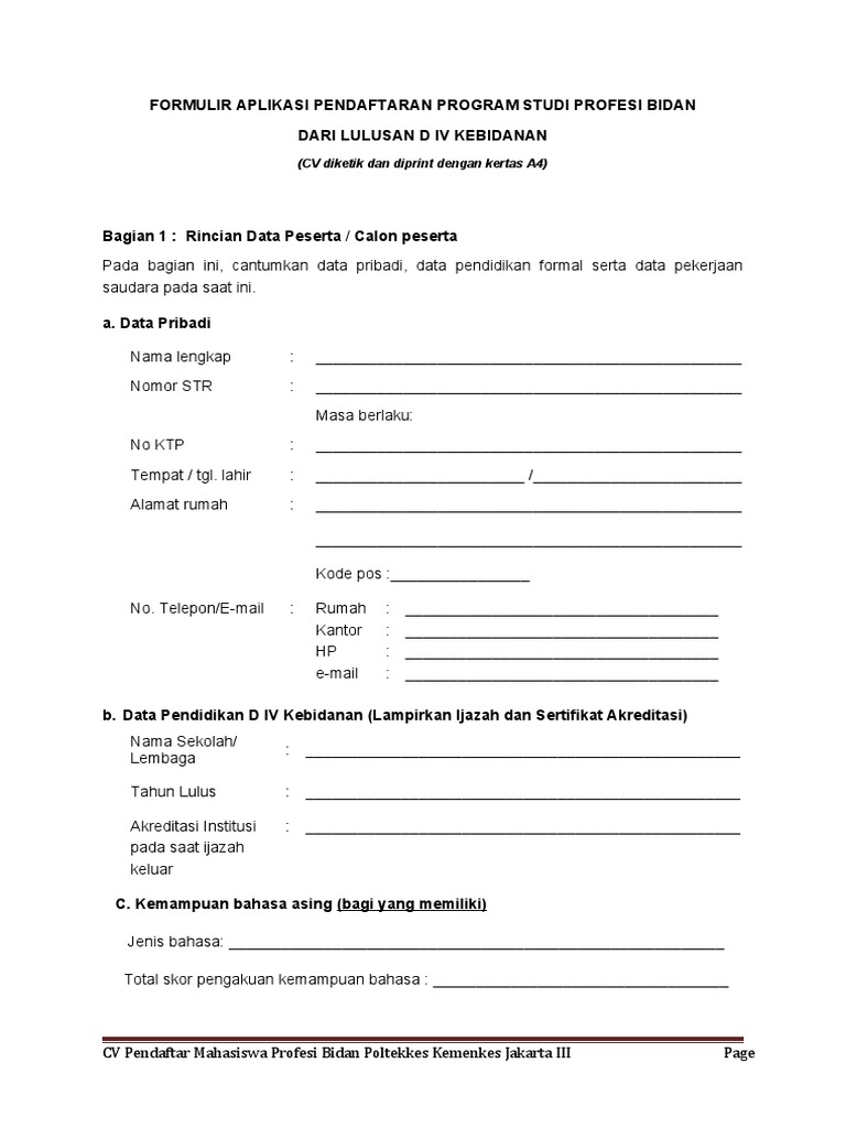 CV Pendaftar Profesi Bidan 2022 | PDF