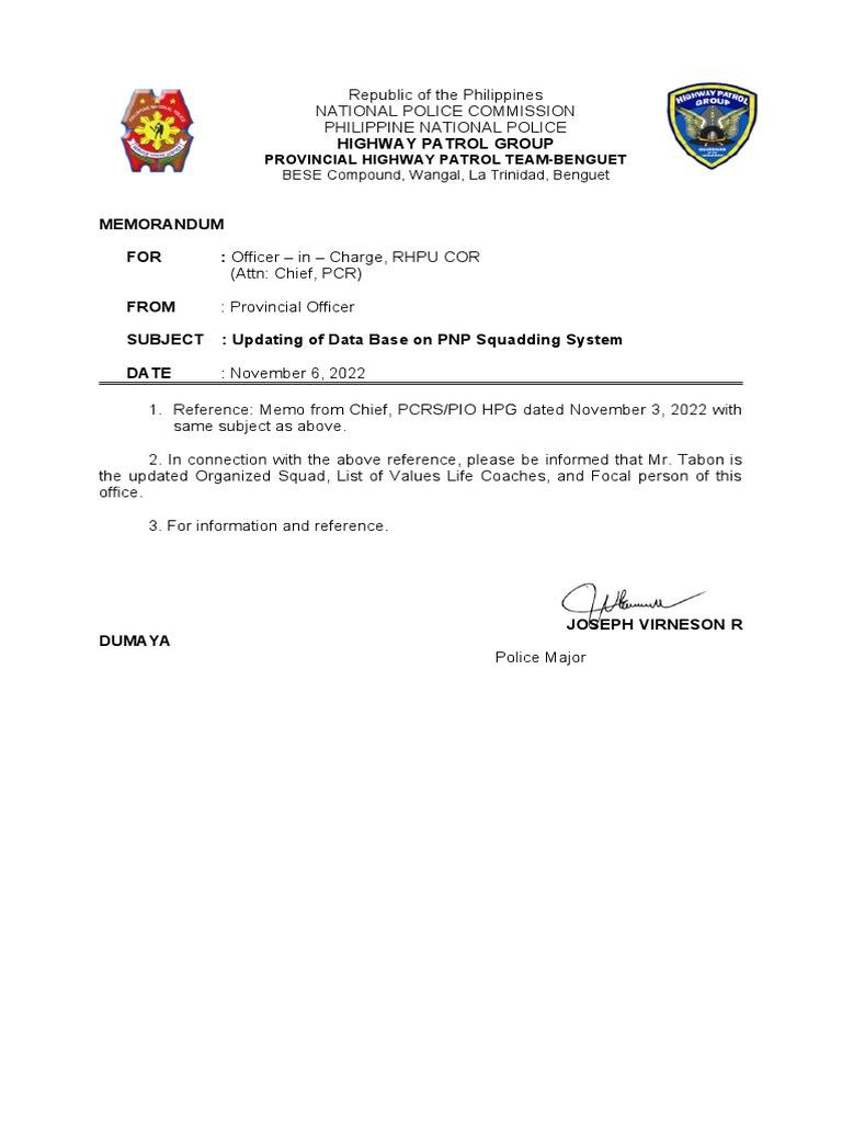 AAR Re Updating of Data Base On PNP Squadding System | PDF