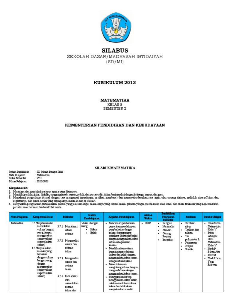 Silabus Kelas 5 Matematika sm2 | PDF