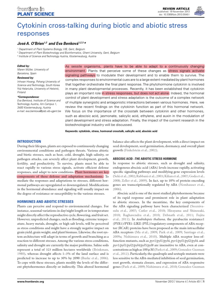 Cytokinin Cross-Talking During Biotic and Abiotic Stress Responses | PDF | Plant Hormone ...