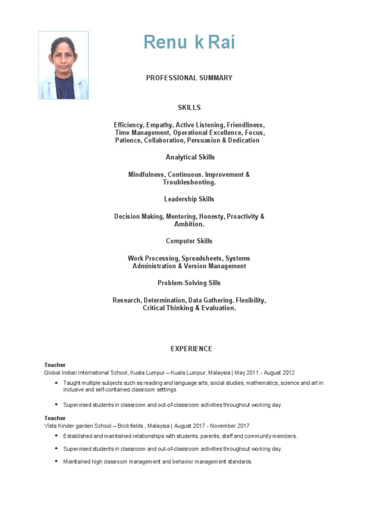 Renu K Rai Resume 2 | PDF | Teachers | Classroom