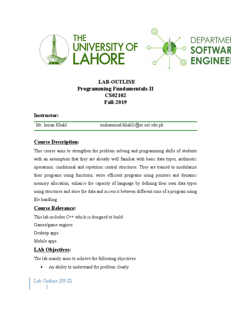 Lab Outline Fall 2019 | PDF | Pointer (Computer Programming) | Parameter (Computer Programming)