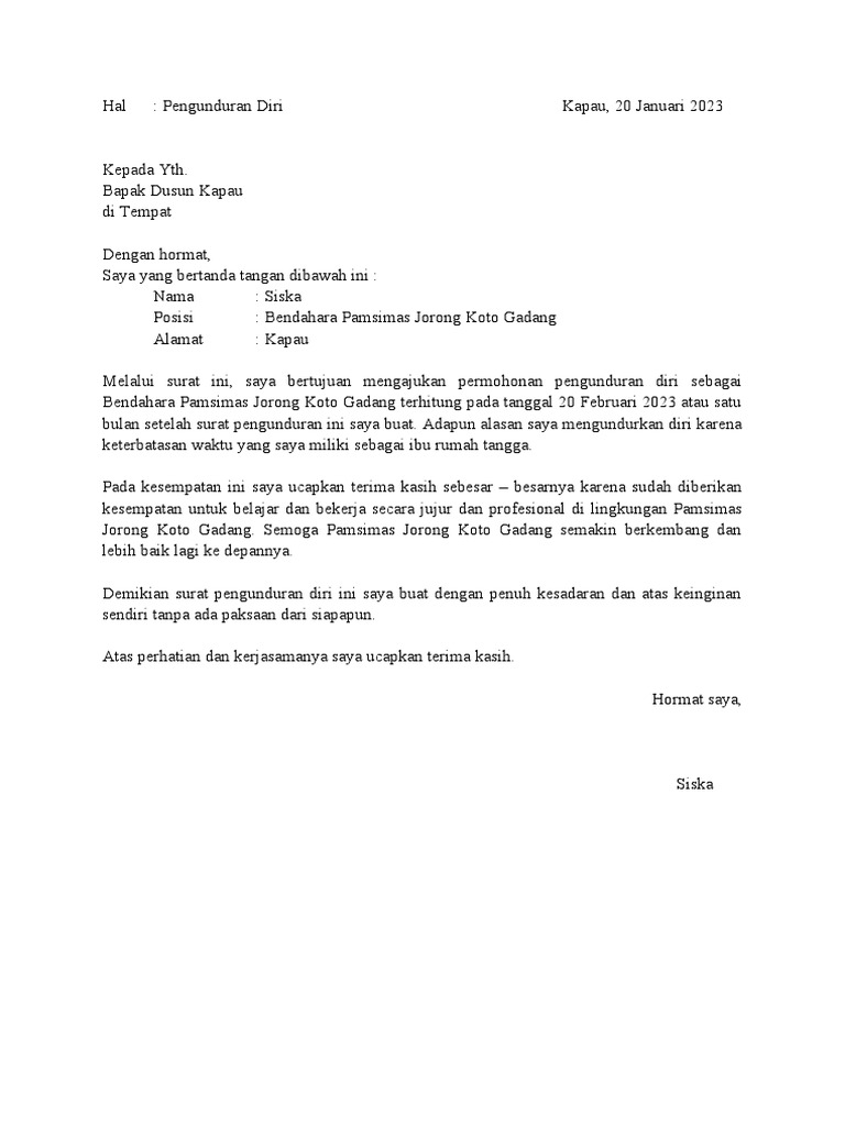 Contoh Surat Pengunduran Diri | PDF