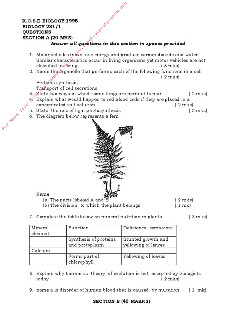 KCSE 1995 Biology Past Paper Questions | PDF | Biology | Flowers