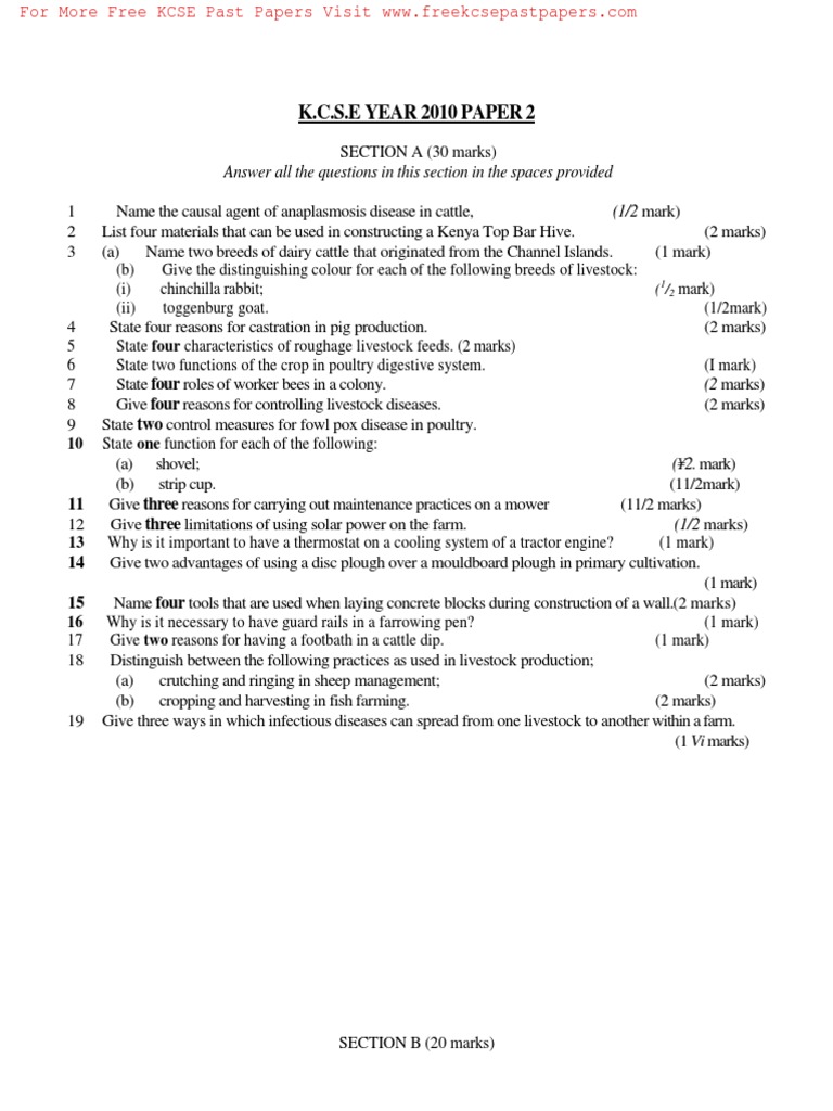 KCSE 2010 Agriculture P2 | PDF | Cattle | Livestock