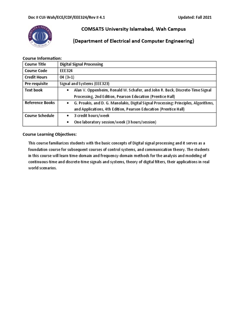 Course Description Form (CDF) Digital Signal Processing EEE324 - Updated 4 | PDF | Engineering ...