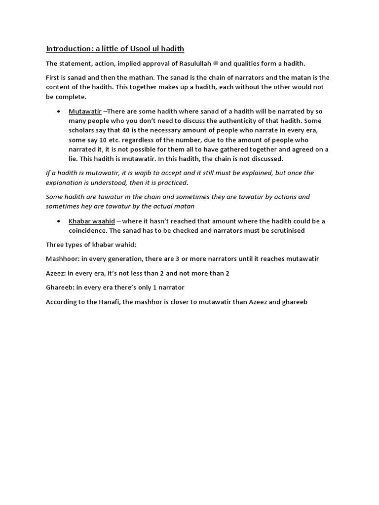 An Introduction to the Principles of Hadith: Classifying Hadith Based ...