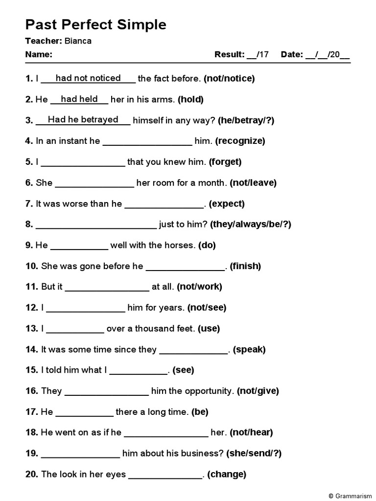 Grammarism Past Perfect Test 1 | PDF