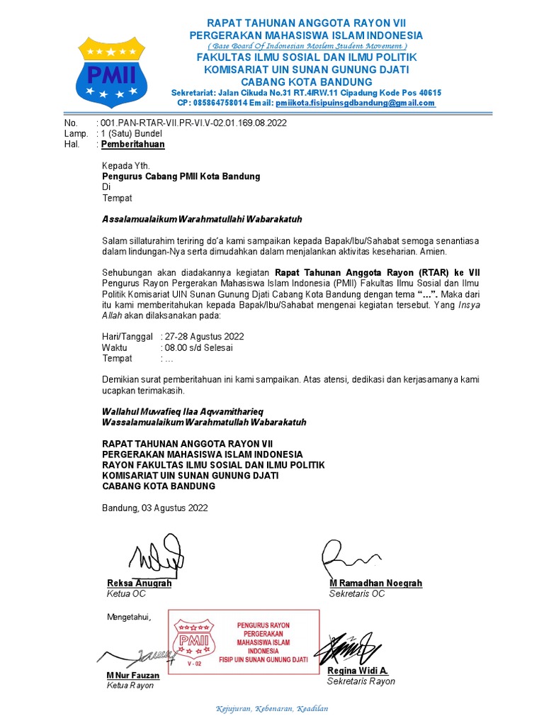 001.PAN RTAR VII - Pemberitahuan - PC PMII Kot Bandung 1 | PDF