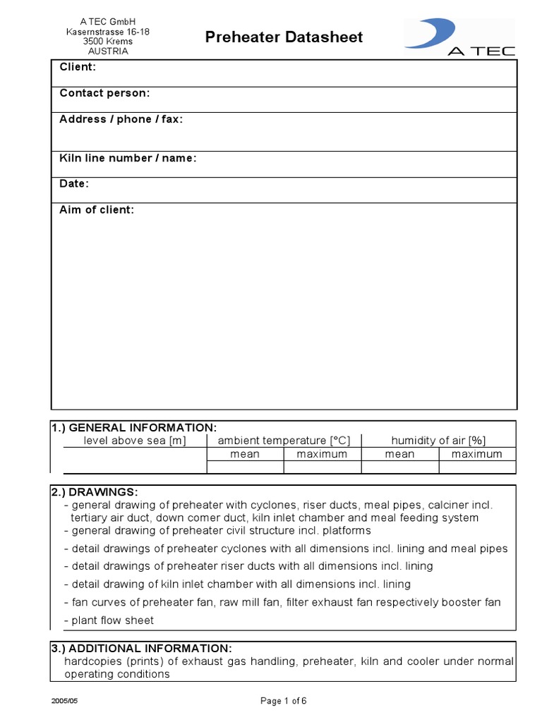 Preheater Datasheet for a Cement Kiln Line Providing Technical ...