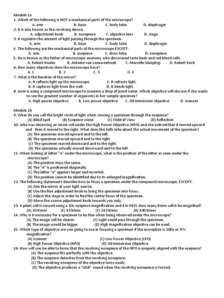 Microscope and Biology Quiz Guide | PDF | Optics | Electromagnetic ...