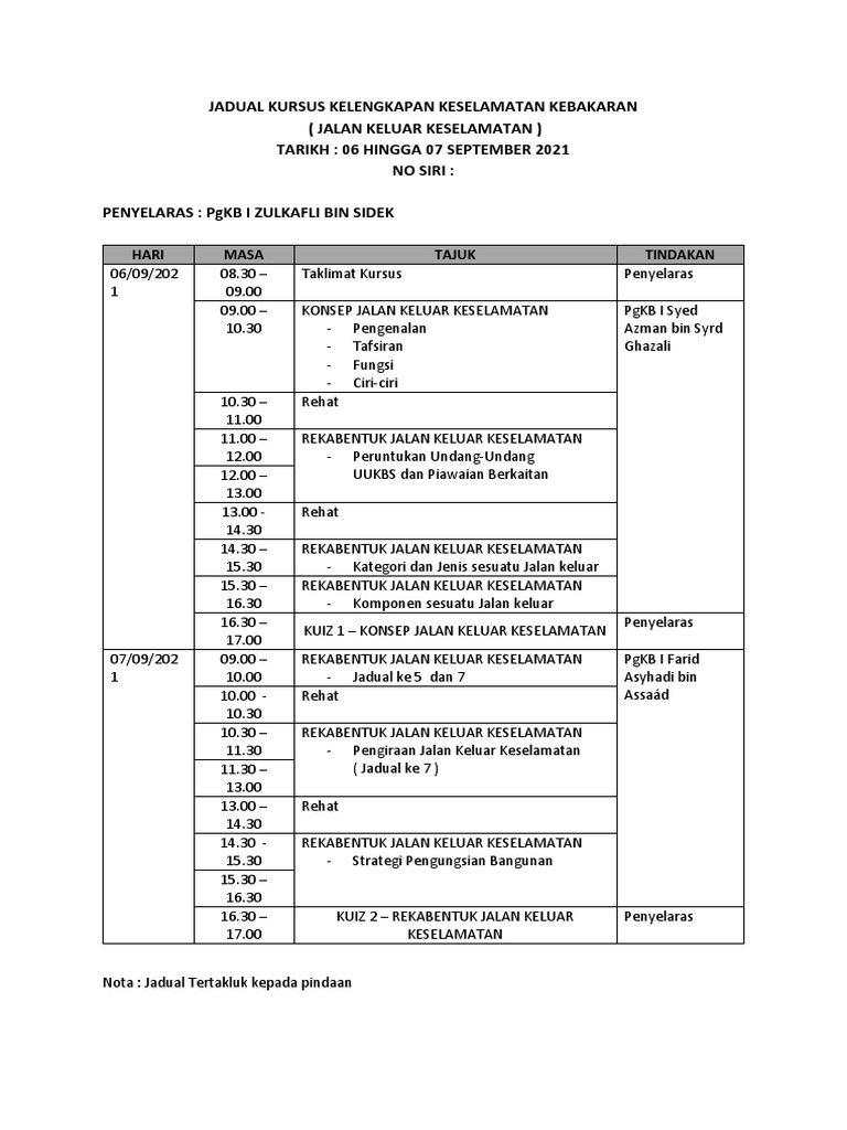 Jadual Kursus Ubbl September 2021 | PDF