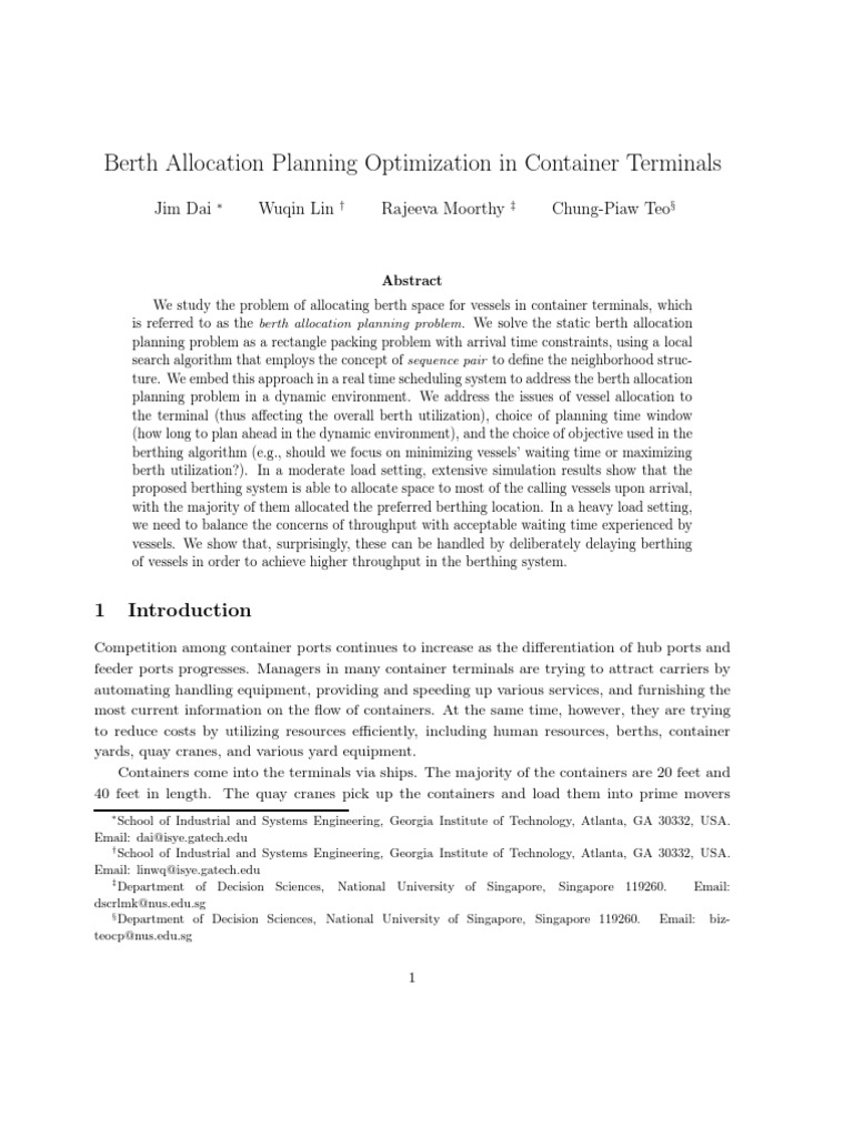 Optimizing Berth Allocation in Terminals | PDF | Scheduling (Computing ...