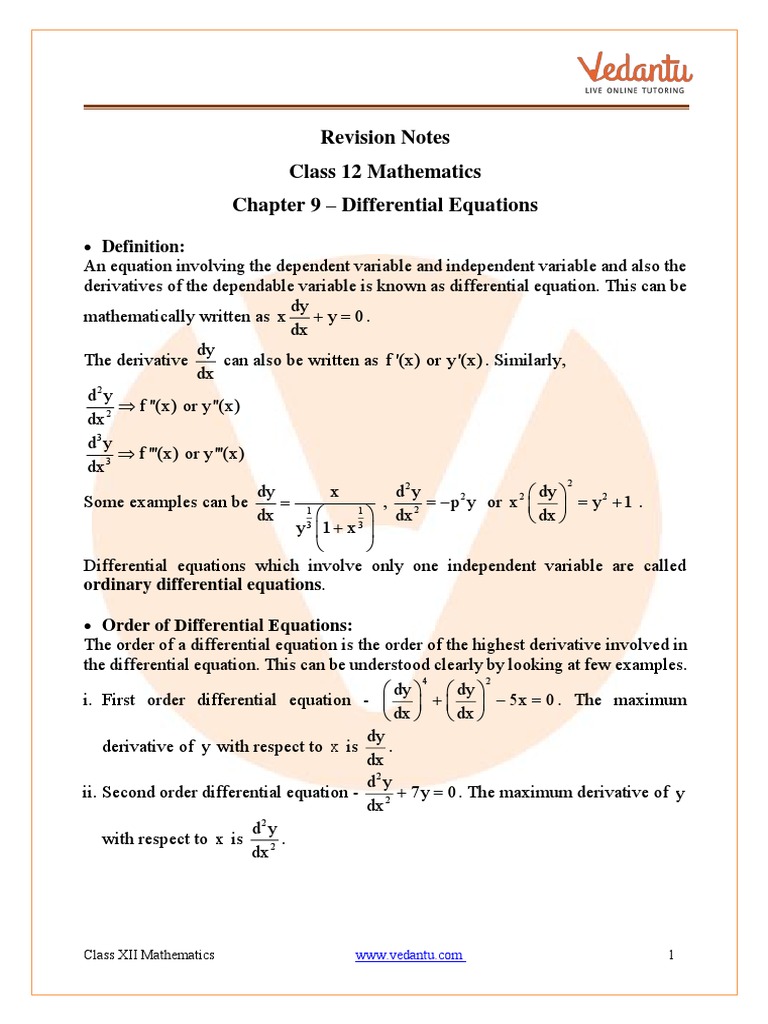 Class 12 Revision Notes Differential Equations | Download Free PDF ... Class 12 Revision Notes Differential Equations | Download Free PDF ...