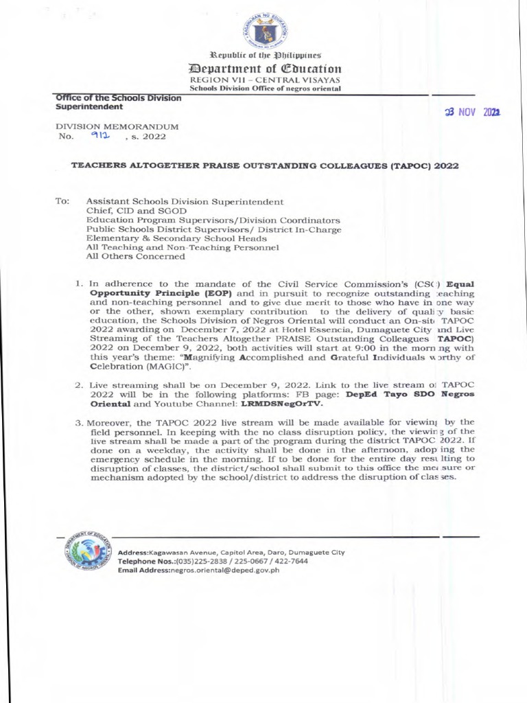 DM No. 912 S 2022 Tapoc 2022 | PDF