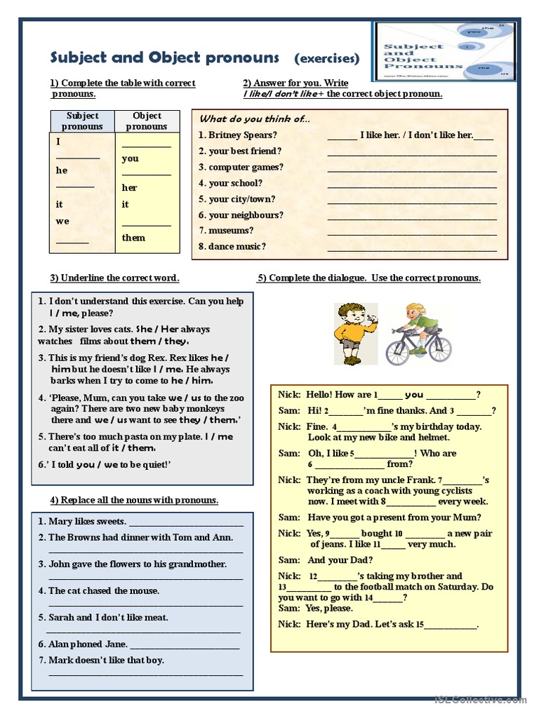 Subject and Object Pronouns (Exercises) - Removed | PDF | Grammar ...