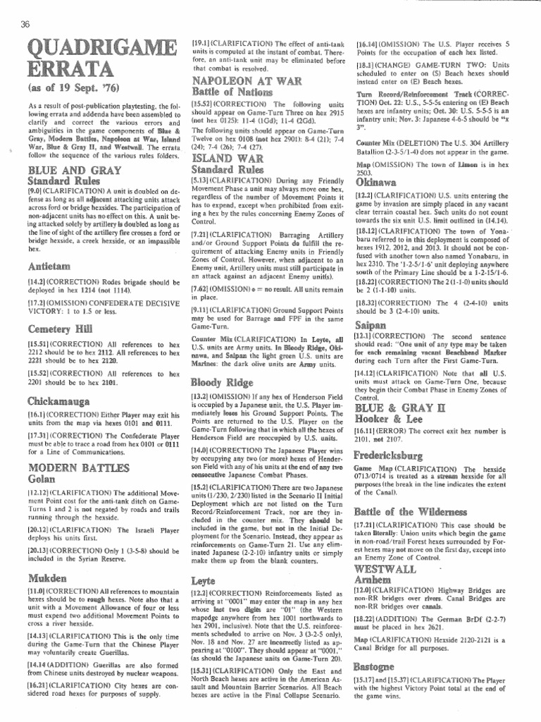 Quad Games (SPI) Errata 091976 | PDF
