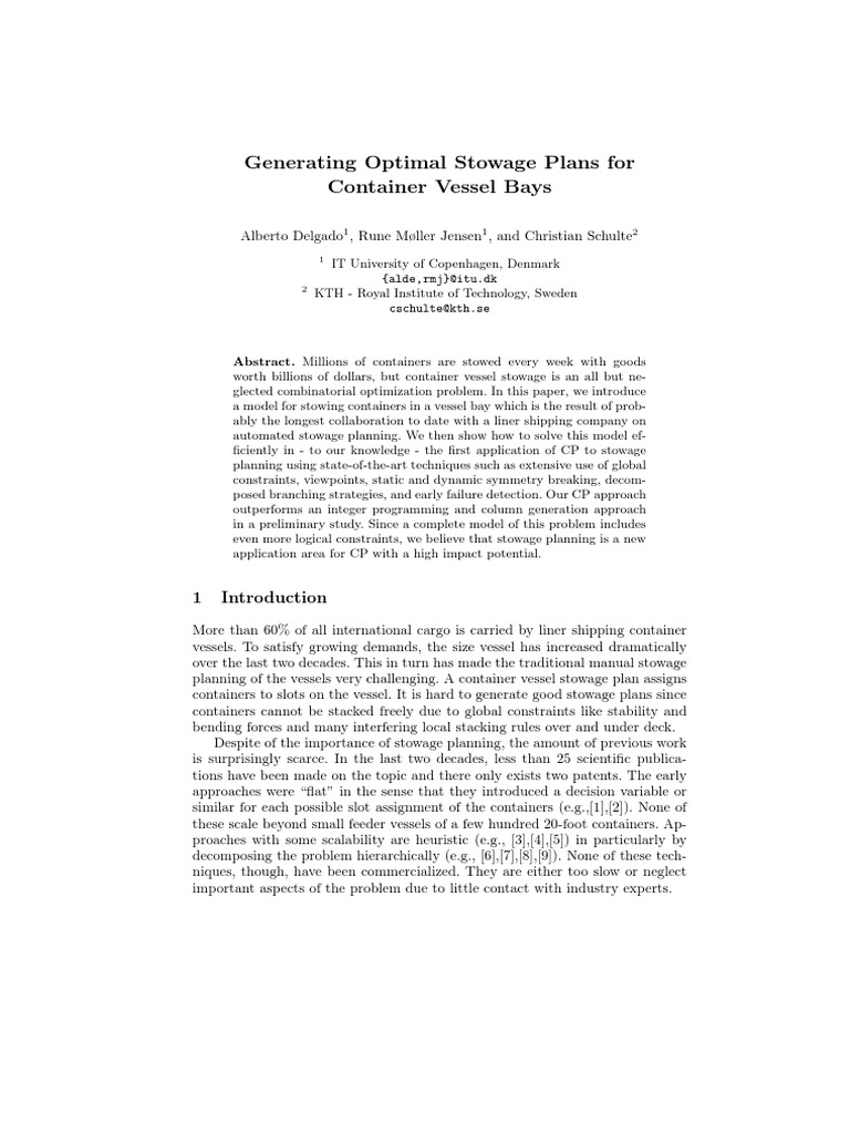 Generating Optimal Stowage Plans For Container Vessel Bays Pdf Mathematical Optimization