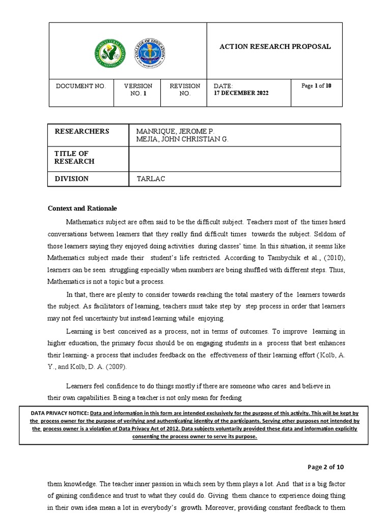 Sample Action Research Proposal | PDF | Learning | Teachers