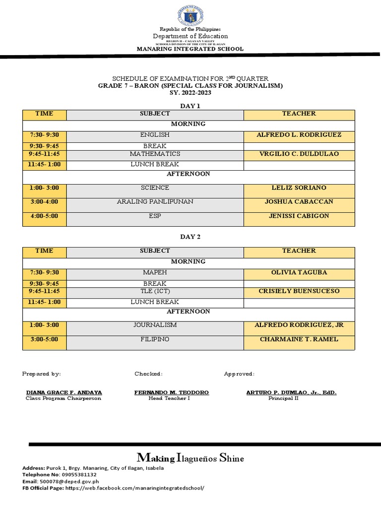Schedule of Exam Q2 Grade 7 10 SPJ | PDF | Philippines
