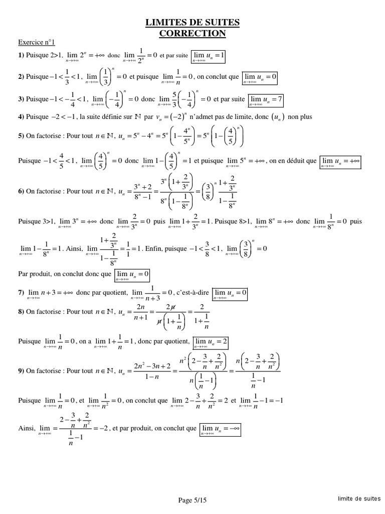 Limites de suites : Exercices corrigés | PDF | Limite (mathématiques ...