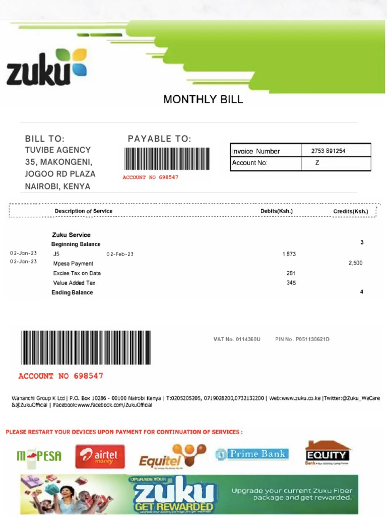 Tuvibe Zuku Bill InvoiceZ254 | PDF