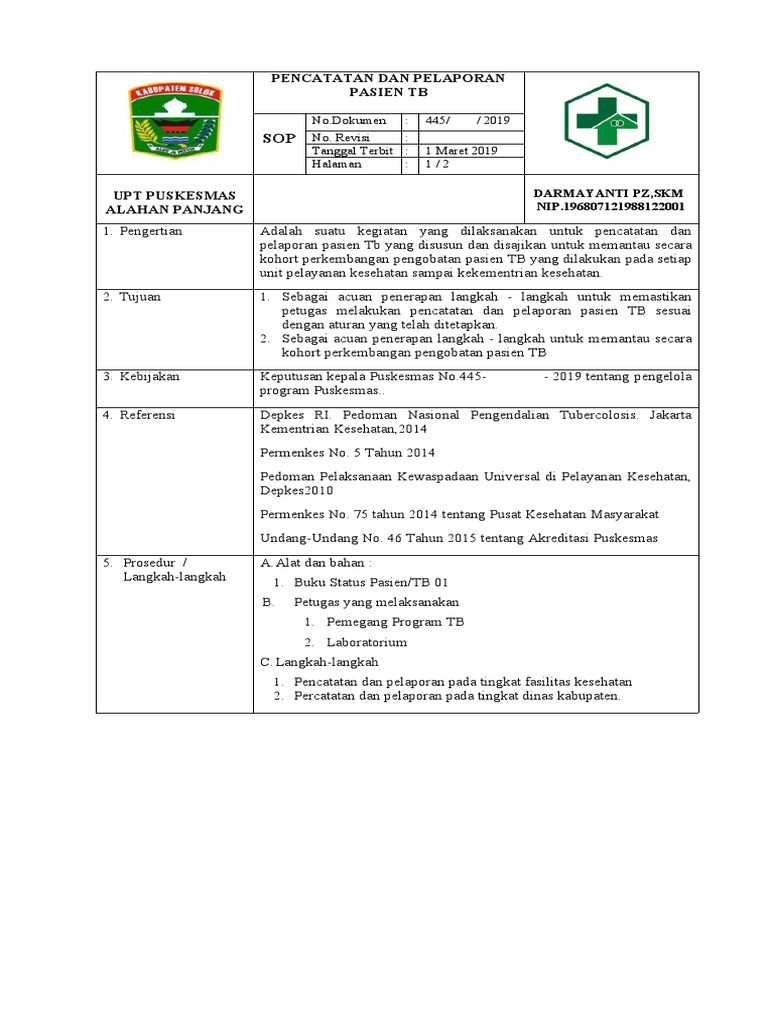 SOP Pencatatan Dan Pelaporan TB Paru.. | PDF