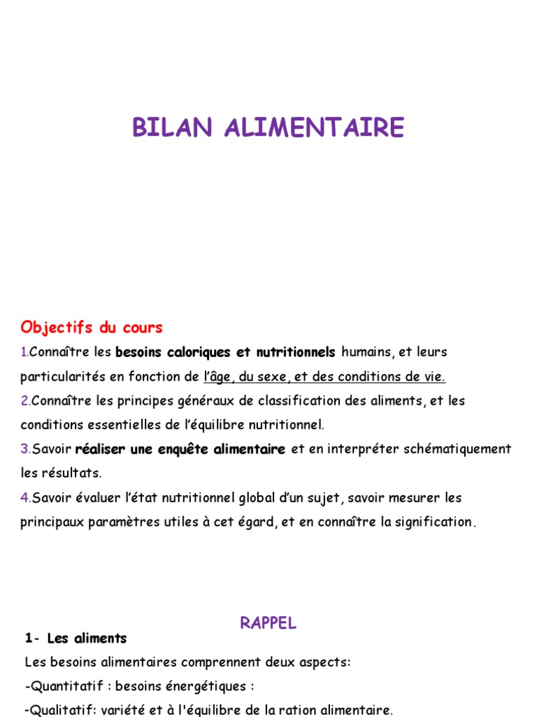 3 Bilan Alimentaire | PDF | Régime et nutrition | Sucre