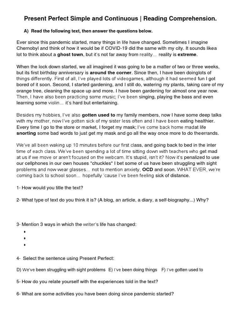 Present Perfect Simple and Continuous Reading Covid | PDF