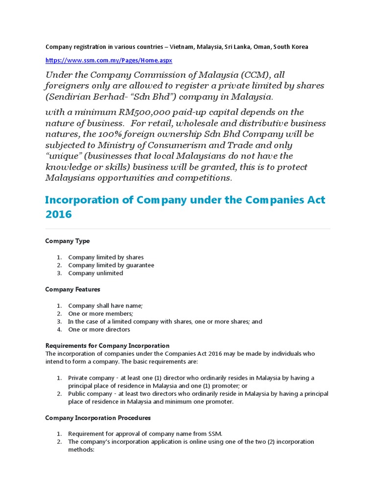 Company Registration in Various Countries | PDF | Companies | Private Law