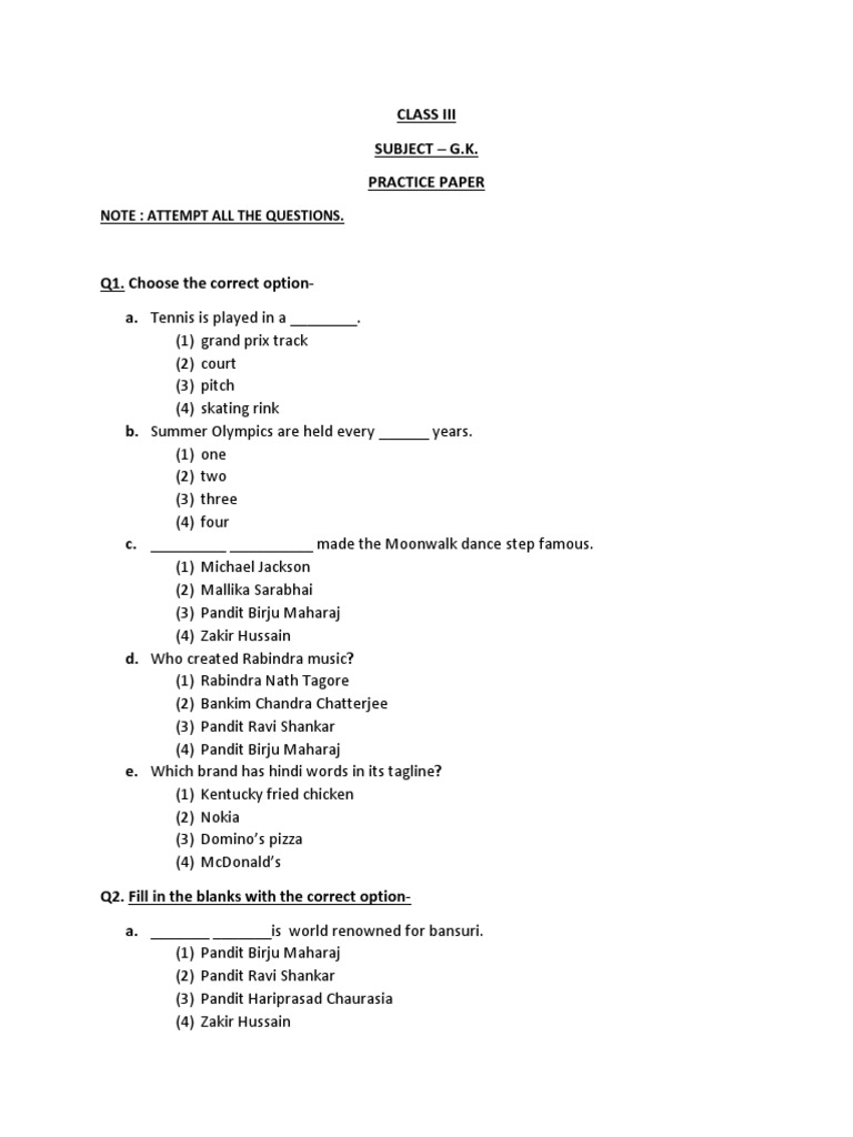 G.K. Class 3 Practice Paper | PDF | Performing Arts